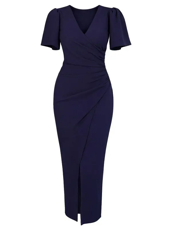 GIRL IN MIND Freya Puff Sleeve Wrap Neck Ruched Midi Navy - Blue