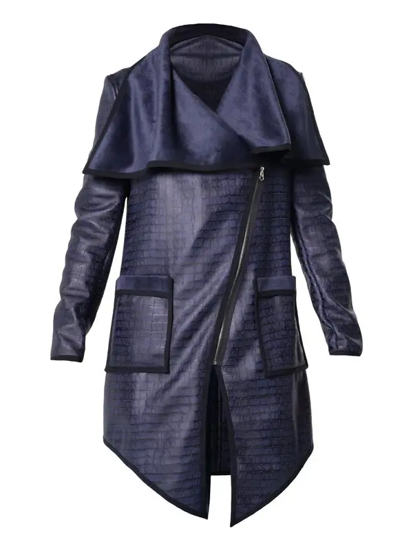 METAMORPHOZA Navy Croc-effect Asymmetric Zip Coat With Draped Collar - Blue