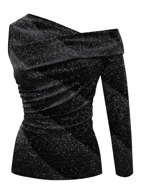 ME & THEE Black / Silver Open Season Black Velvet One Sleeve Top - Black/silver