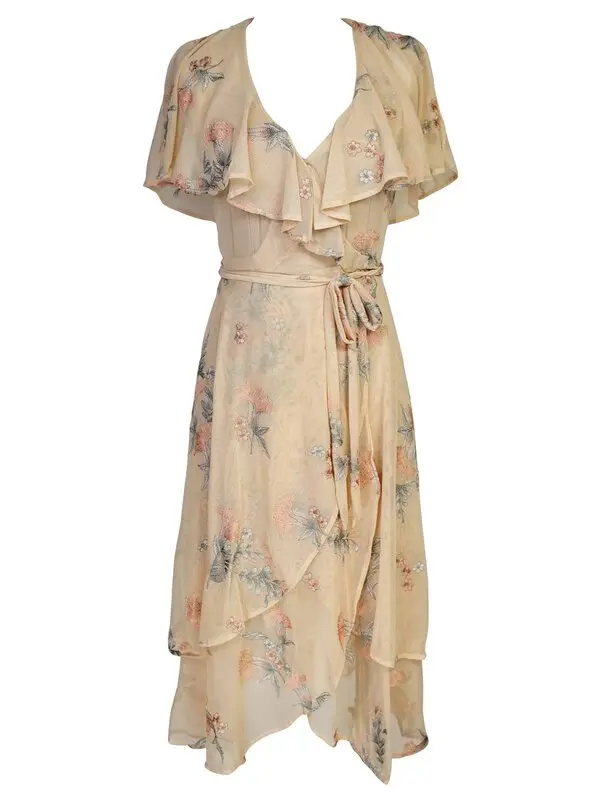 JENNAFER GRACE Neutrals Fleur De Peche Flutter Wrap Dress - Orange