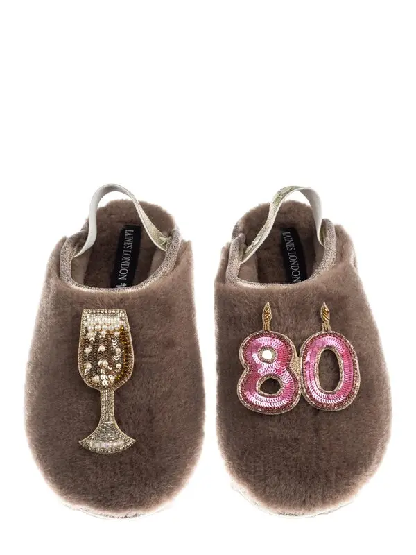 LAINES LONDON Brown / Gold / Neutrals Flatform Cloud Closed Toe Slippers With 80th Birthday & Champagne Glass Brooches Mink - Brown/gold