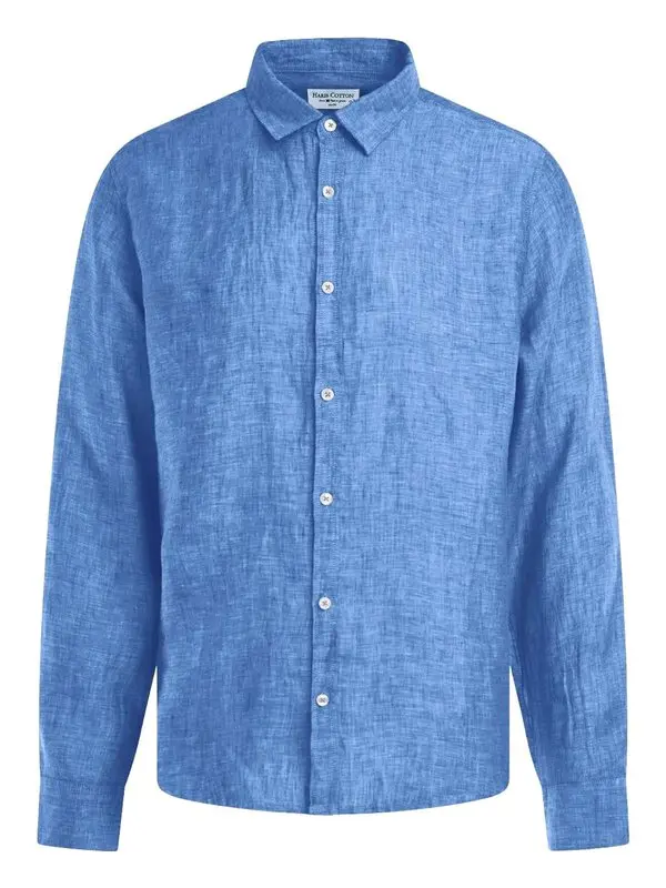 Haris Cotton Linen Melange Basic Long-sleeved Shirt Cobalt Melange - Blue