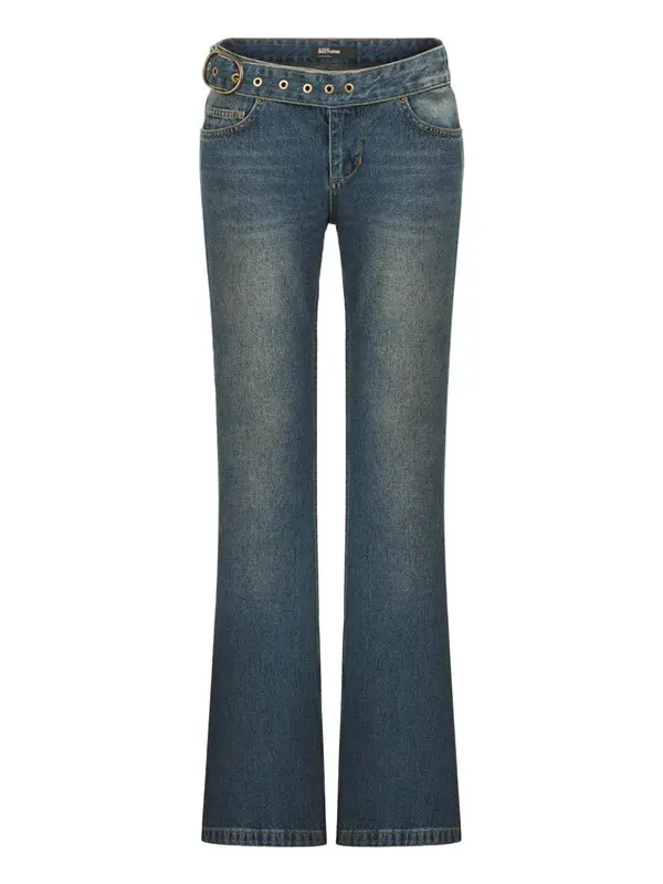 NOCTURNE Belted Denim Flare Trousers - Blue