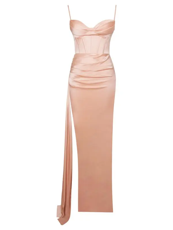 MISS CIRCLE NEW YORK Elayna Blush Strappy Satin Corset High Slit Gown - Pink