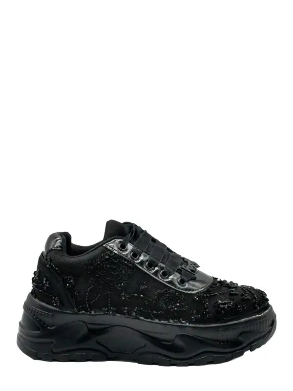 RETTROSE Sarah Luxury Noir Satin Handmade Embellished Trainers - Black