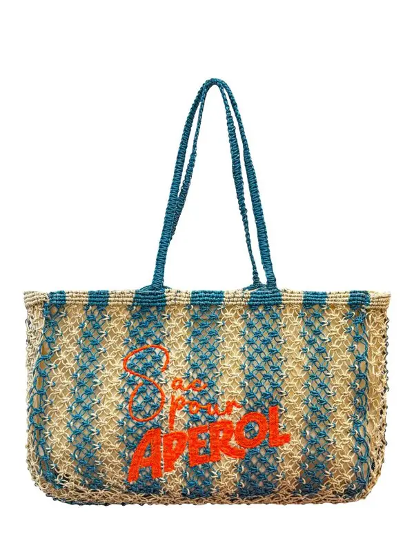 LILLY LOVES Woven Jute Tote Bag With Embroidered Detail - Blue