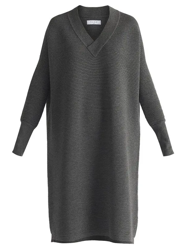 PAISIE V-neck Ribbed Jumper Dress In Dark - Grey