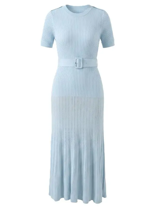 MODENAIRE Ribbed Knit Midi Dress Sculpted Pleats - Blue