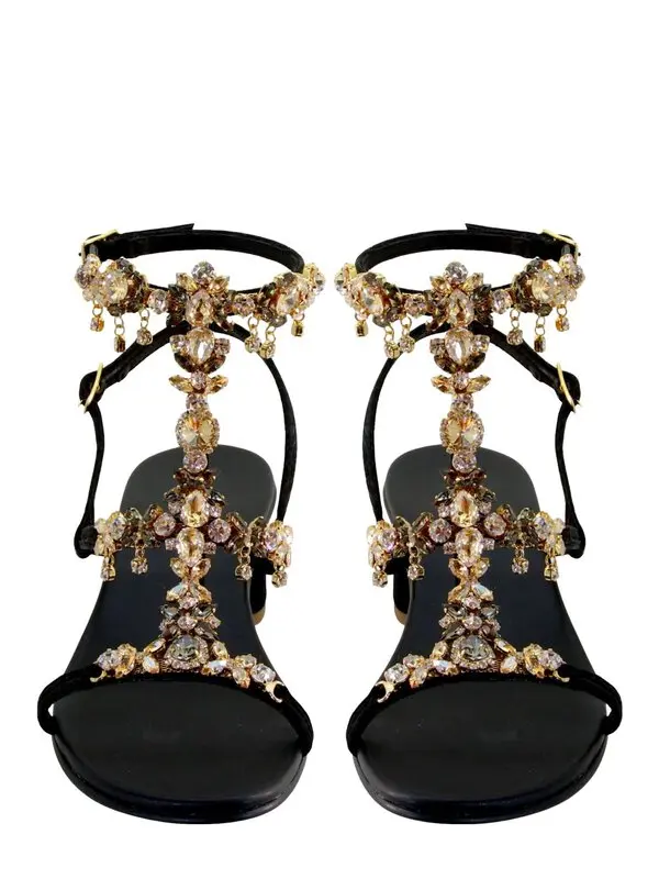 DAMAPREZIOSA Matilde Jewel Sandals With Grey Diamond Crystals And Block Heel - Black