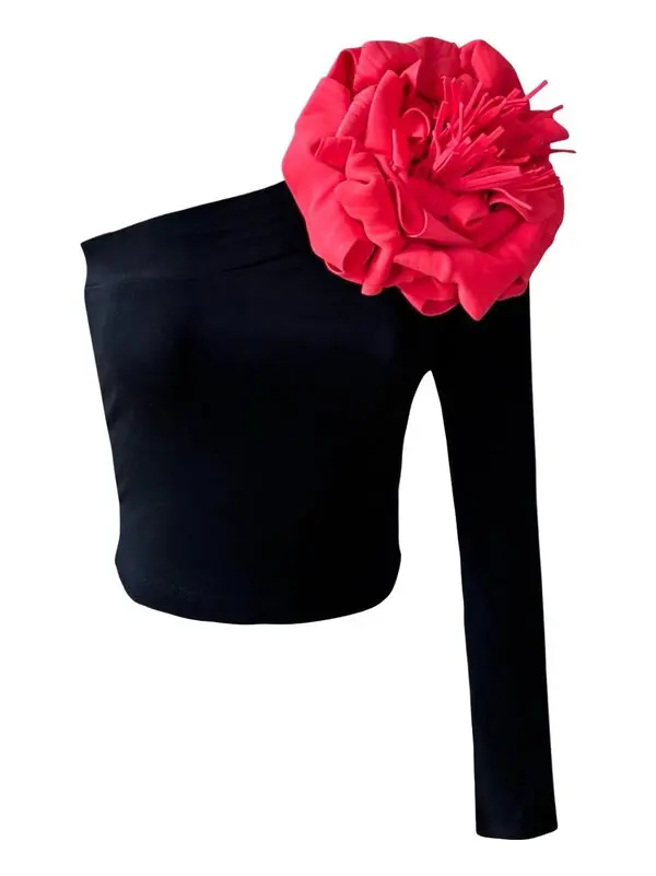 LONDON ATELIER BYPRODUCT One Sleeve Top With Red Flower Pin - Black
