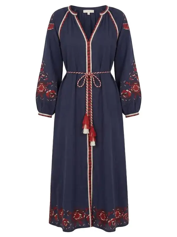 Adrift Clothing Robin Belted Dress In Navy Nomad - Blue