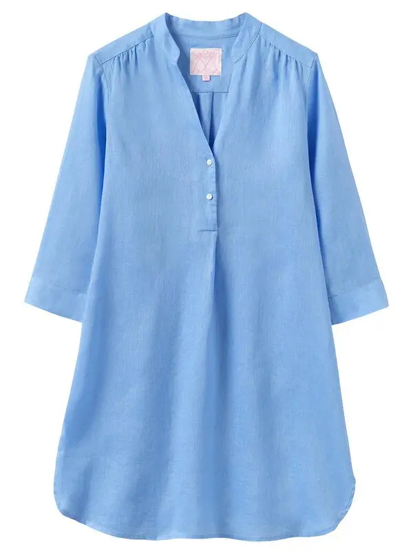 PINK HOUSE Linen Decima Dress With Hemmed Cuff Plain French - Blue