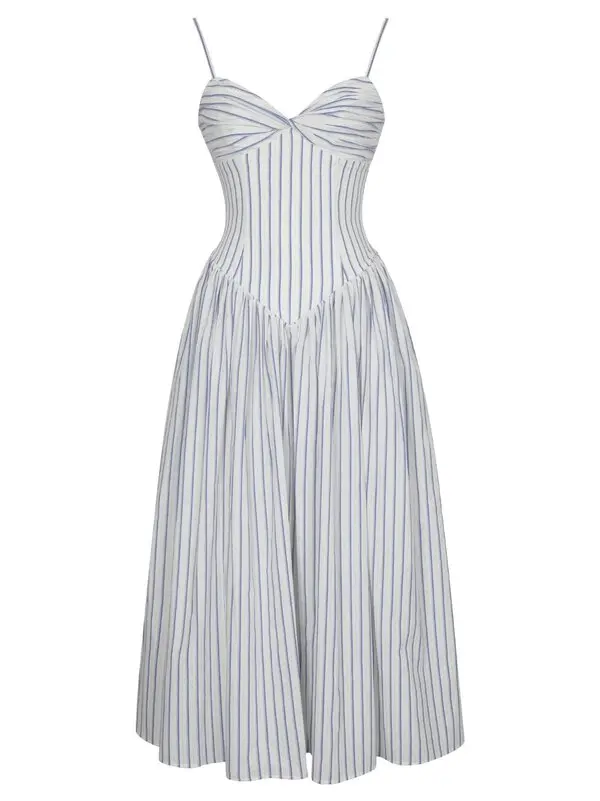 MISS CIRCLE NEW YORK Olea Sky Striped Cotton Poplin Ruched Midi Dress - Blue