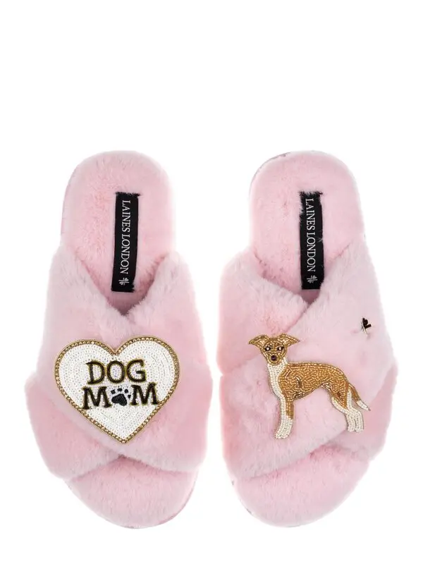 LAINES LONDON Classic Slippers With Dog Mum/mom & Fawn & White Italian Greyhound Brooches - Pink