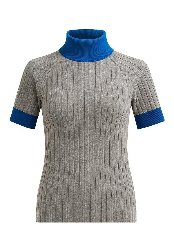 BEIRA Grey / Blue Astrid Merino & Cashmere ¾ Sleeve Polo Neck Top In Grey & Blue - Grey/blue