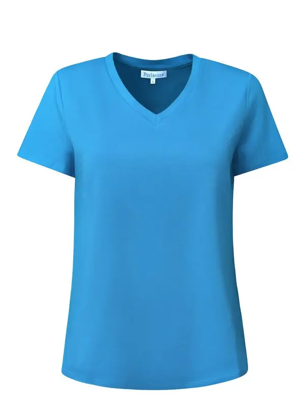 PERLAVERA Titi Turquoise Solid Cotton Spandex Short Sleeve Length V-neck T-shirt - Blue