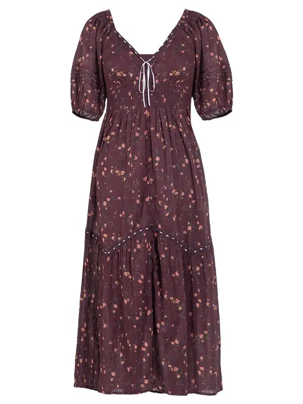 ROSE & NANCY Eloise Burgundy Floral Cotton Crinkle Midi Dress - Red
