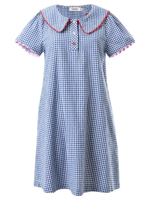 LOUCHE Dot Gingham Ric Rac Trim Statet Collar Mini Dress - Blue
