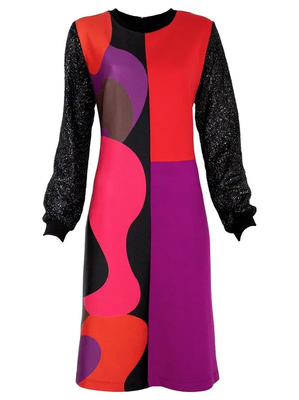 LALIPOP DESIGN Colorful & Abstract Design Patchwork Knit Viscose Dress - Black