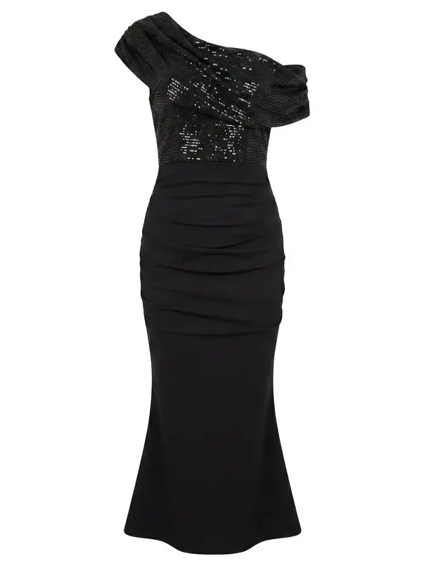 ATOM LABEL Mercury Sequin One-shoulder Midi Dress - Black