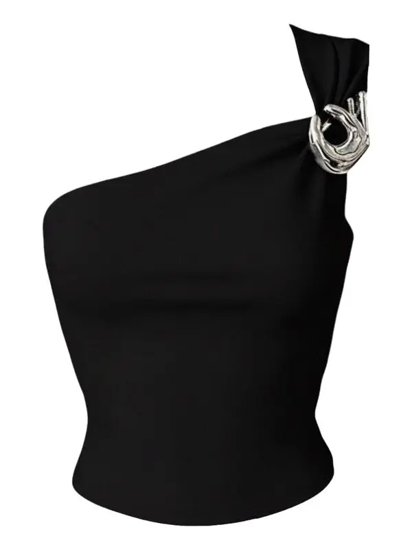 LONDON ATELIER BYPRODUCT One Shoulder Top With Brooch - Black