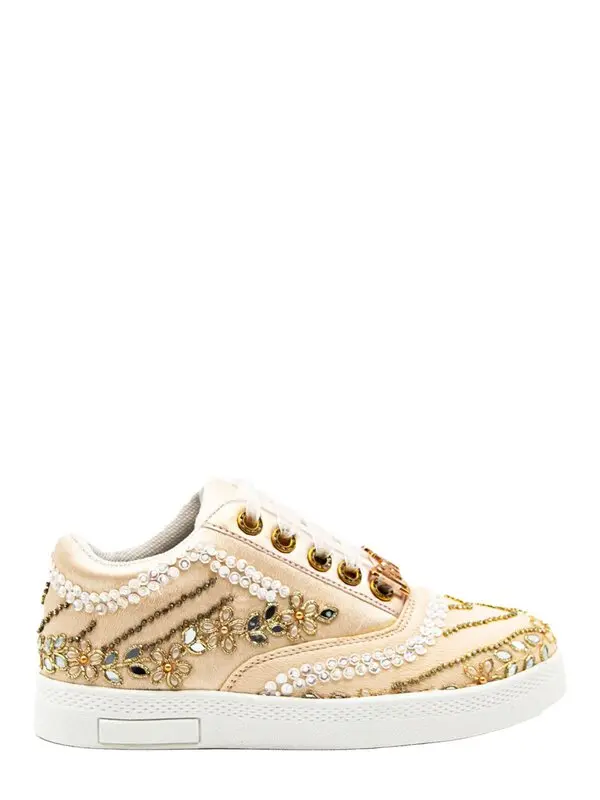 RETTROSE Neutrals Caroline Luxury Buttermilk Satin Handmade Embellished Tennis Shoe - Black