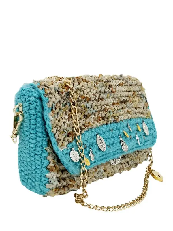 HILO DE MAR Atlantico Hand Knitted Bag With Medals Tan - Blue
