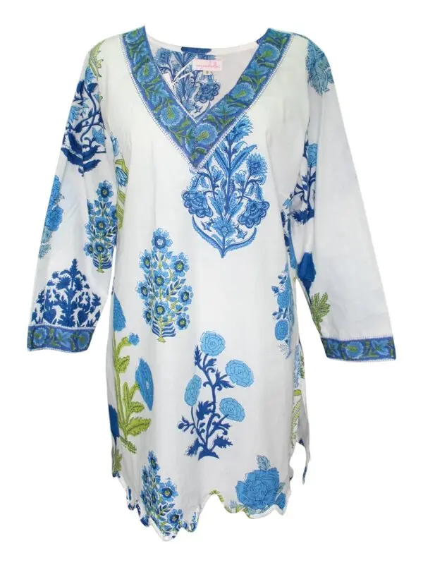 MARY MARSHMALLOW V-neck Scalloped Tunic Floral Bouquet - Blue