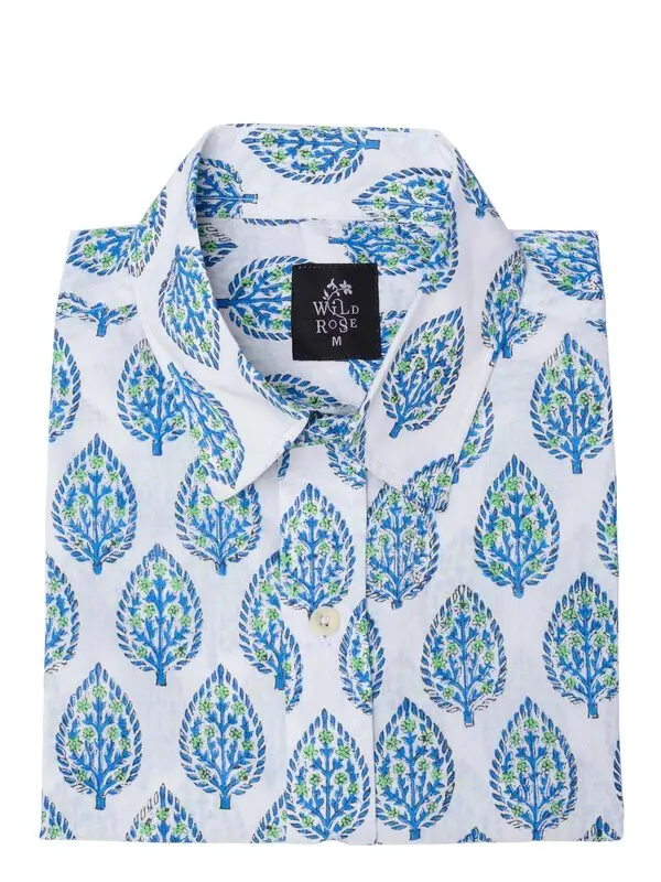 WILD ROSE Blue / White Ol-tarakwa Hand Block Print Cotton Long Sleeved Floral Shirt - Blue/white