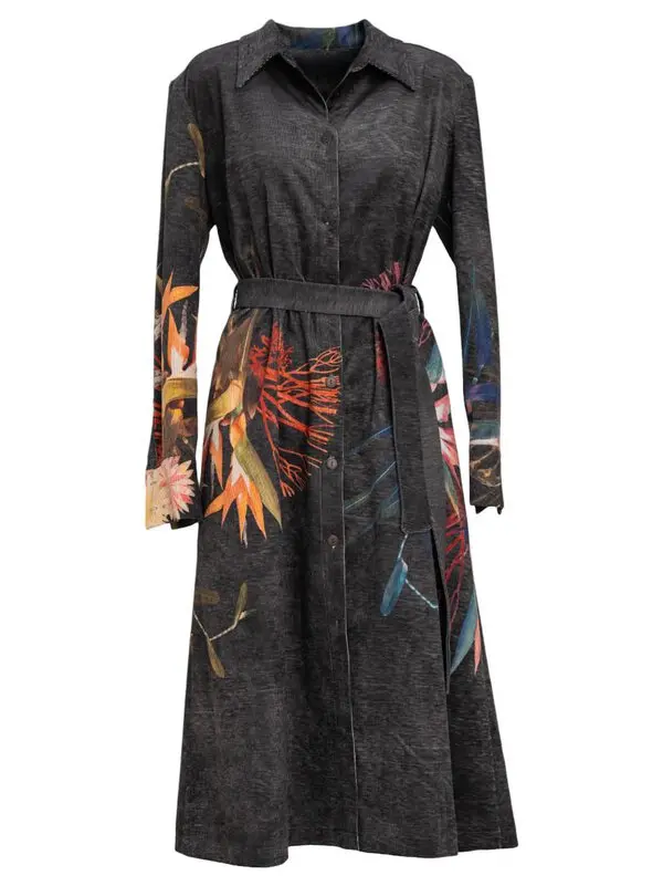 ARTISTA Beauty Washed Corduroy Floral Printed Shirt Dress - Black
