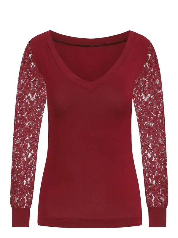 SOPHIE CAMERON DAVIES Burgundy V-neck Jersey Lace Sleeve Top - Red