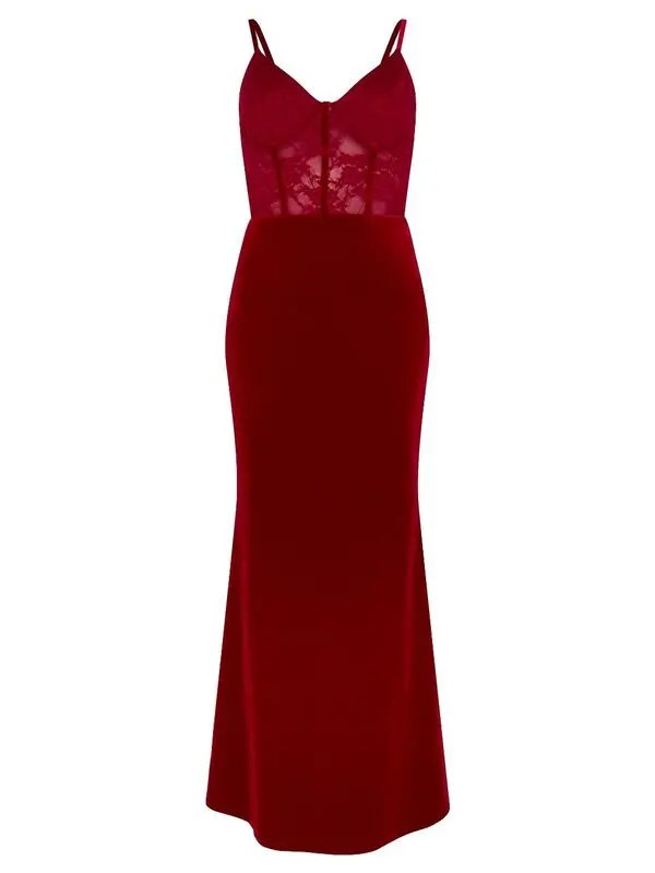SOUR FIGS Sheer Lace Corset Velvet Maxi Dress In Crimson - Red