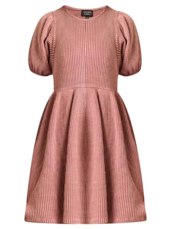 KNOWN SUPPLY Puff Sleeve Waffle Knit Babydoll Dress Ethel Blossom - Pink