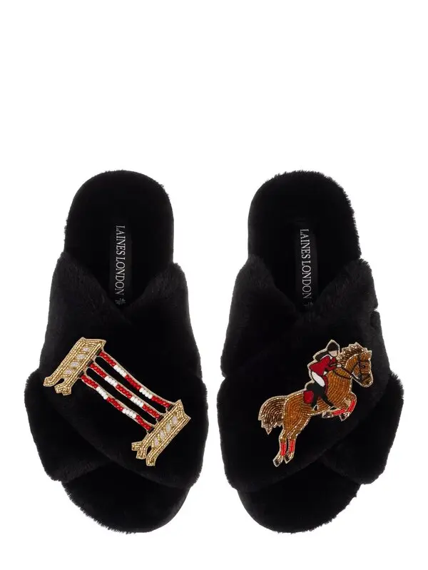 LAINES LONDON Classic Laines Slippers With Show Jump Horse Brooches - Black