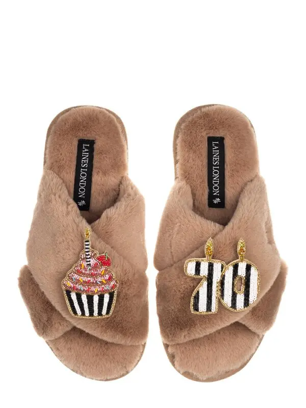 LAINES LONDON Classic Laines Slippers With Stripe 70th Birthday & Cake Brooches Toffee - Brown