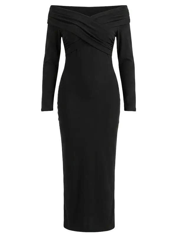 TANTRA SPAIN SL Long Fitted Dress With Long Sleeves, V-neck And Draped Detail On The Chest - Black