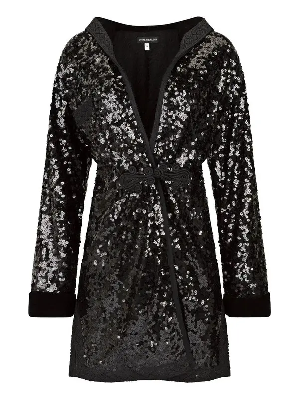 BOUTIQUE KAOTIQUE Long Sequin Vest With Velvet Hood - Black