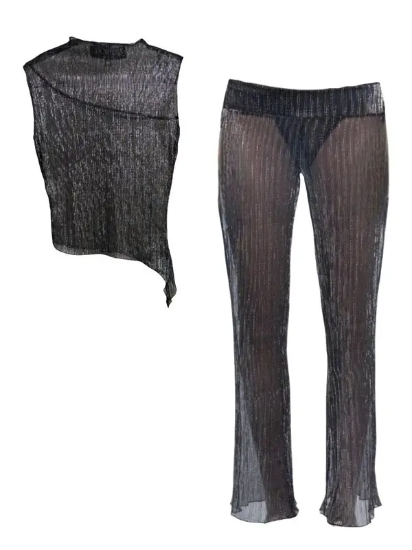 AMORTIZIA Belladona Set Metallic Shimmer Stretch Asymmetric Top & Flared Pants Set - Grey