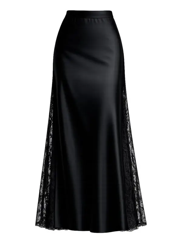 TANTRA SPAIN SL A-line Satin Midi Skirt With Side Slits And Lace, Elastic Waistband - Black