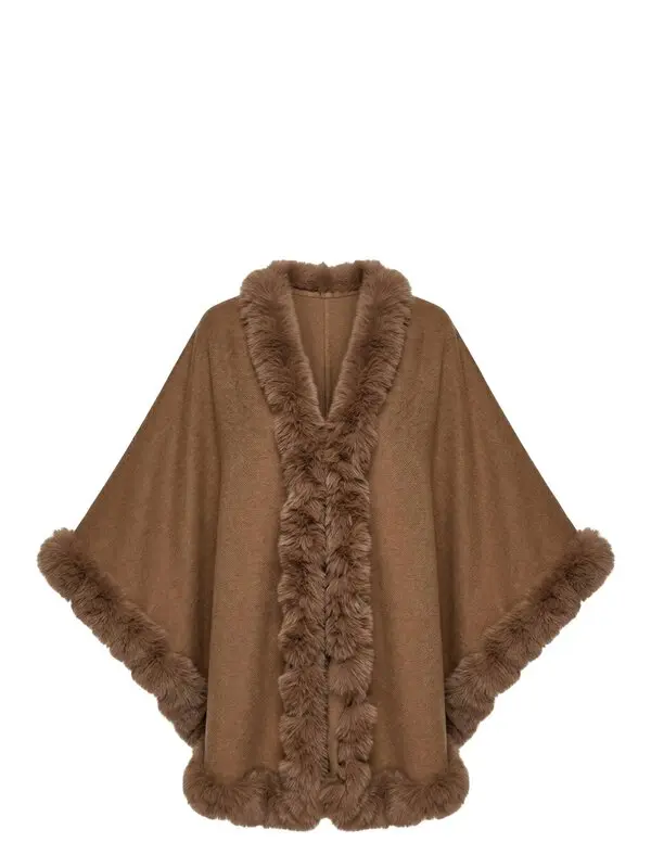 Saachi Faux Fur Cape Saddle Kimono - Brown