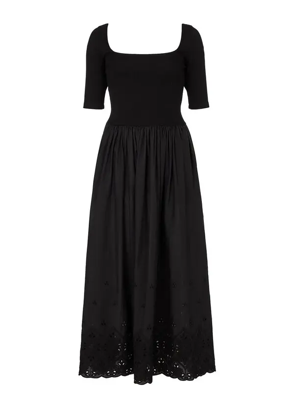 LILY AND LIONEL Sydney Short Sleeve Jersey Bodice Embroidered Midi Dress - Black