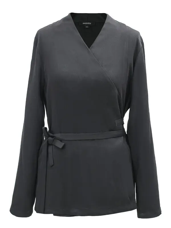 SMART AND JOY Satin Wrap-over Blouse - Black