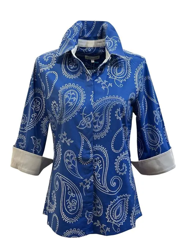 PERLAVERA Nova Paisley Silver Three Quarter Sleeve Length Slim Fit Shirt - Blue
