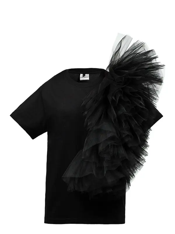 LIA ARAM Edgy Ruffle Appliqué Tee - Black