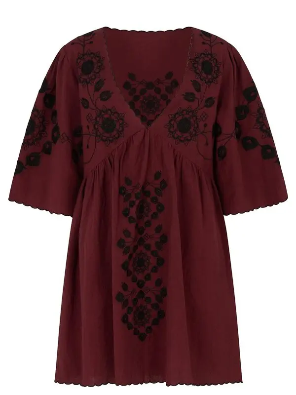 RAFFYA Arabella V- Neck Embroide Mini Dress In Burgundy - Red
