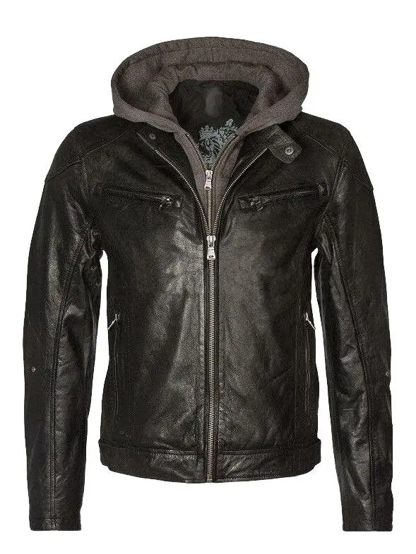 Mauritius Removable Hood Leather Jacket Biko - Black