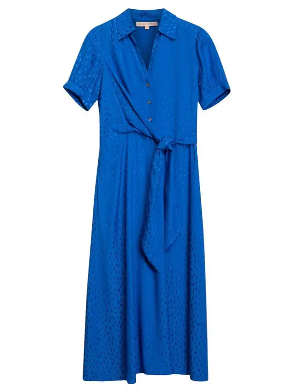 NIZA Dijon Wrap Midi Dress With Shirt Collar And Bow - Blue
