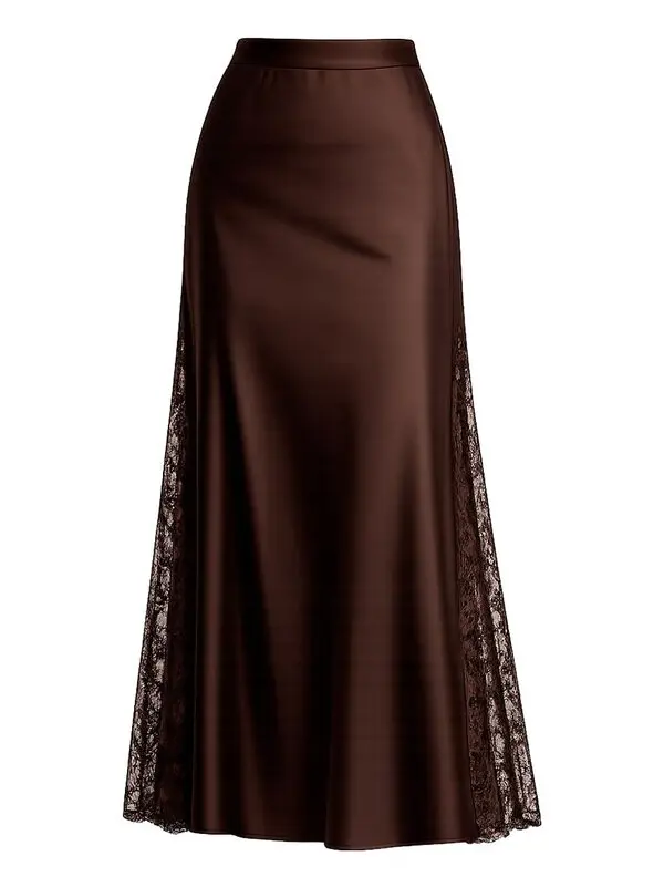 TANTRA SPAIN SL A-line Satin Midi Skirt With Side Slits And Lace, Elastic Waistband - Brown
