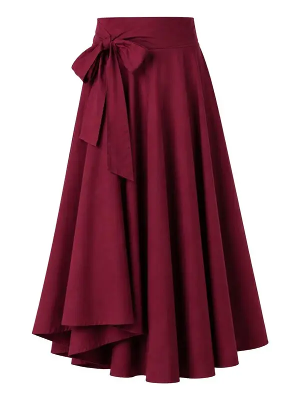 NIKKA PLACE Summer A-line Midi Skirt With Bow In Burgundy Color - Red