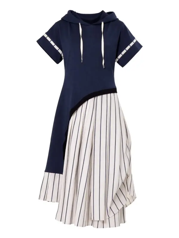 METAMORPHOZA Hooded Asymmetric Dress With Striped Skirt - Blue